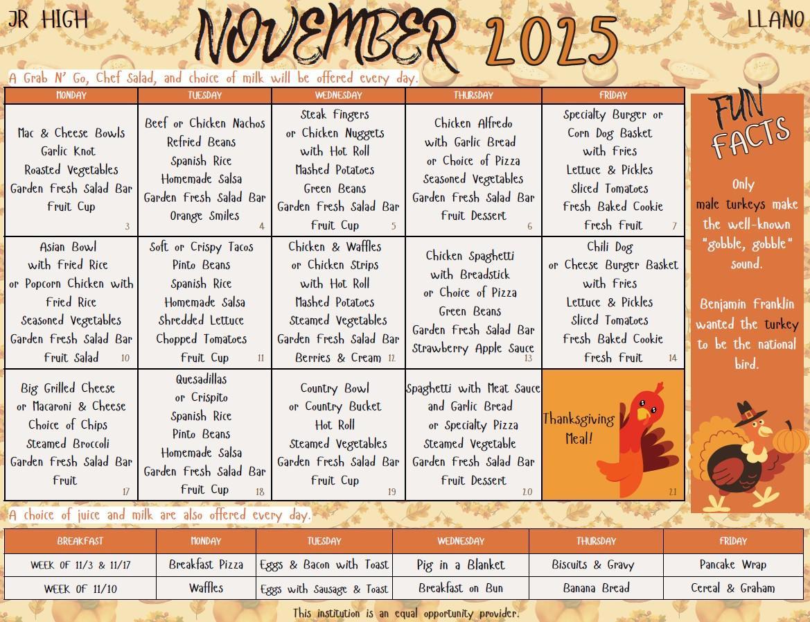 District Menus – Food & Nutrition – Llano Independent School District
