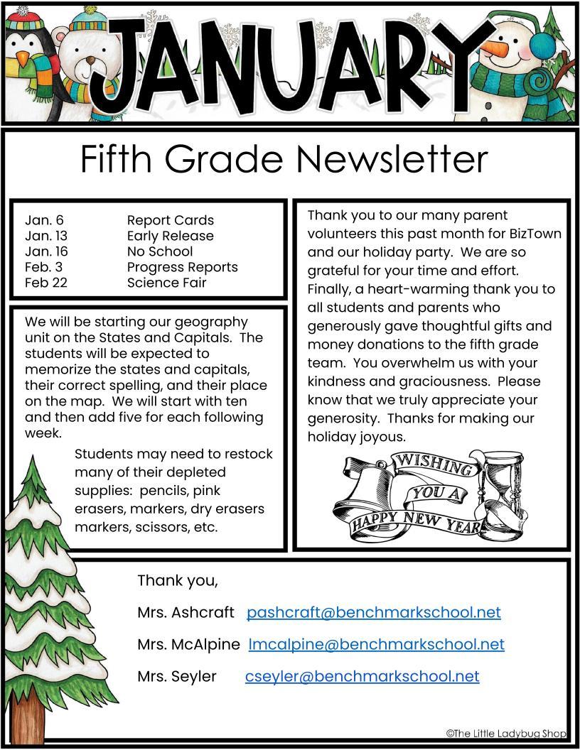 Newsletters – 5th Grade – Benchmark Preschool & Elementary School