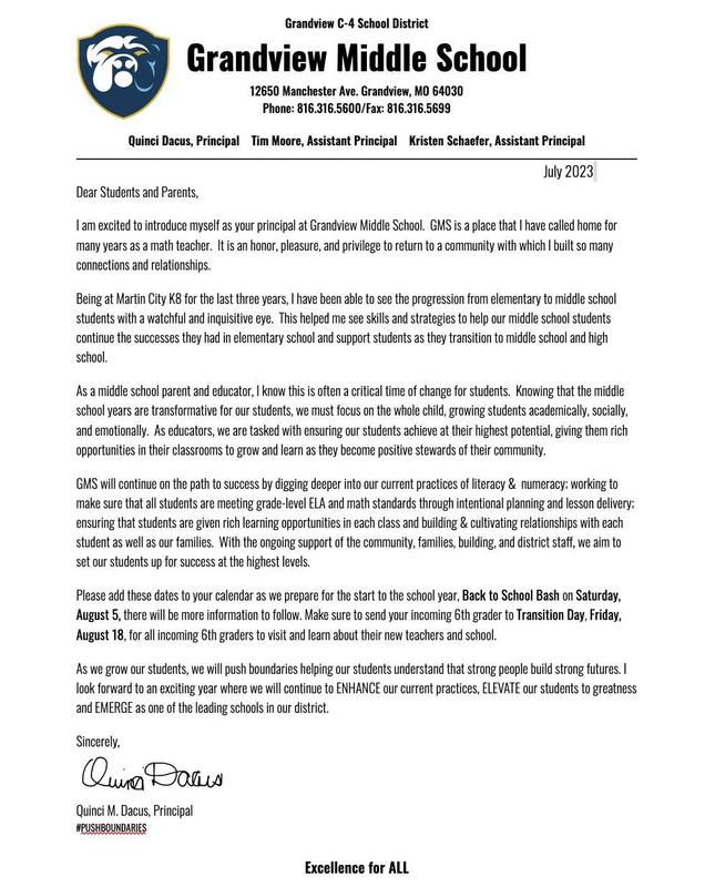 Principal Welcome Letter | Grandview Middle School