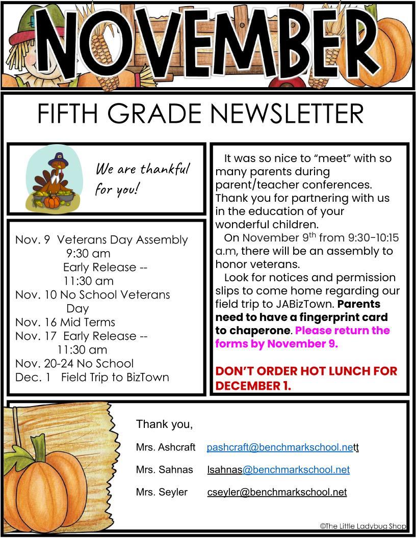 Newsletters – 5th Grade – Benchmark School