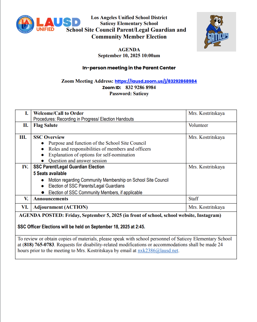 SSC Election - September 10, 2025 at 10:00am | Saticoy Elementary