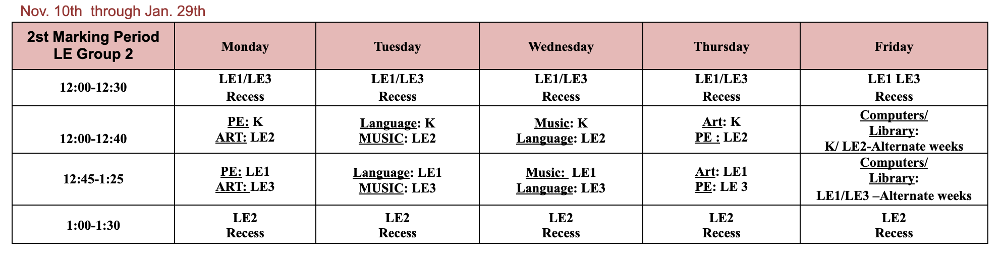 Specials Schedules (By Marking Period) – LE1 - Ms. Curcuru – Bucks ...