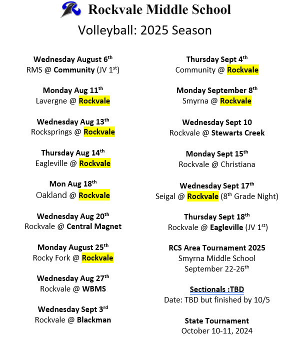 Game Schedule – Volleyball – Rockvale Middle School