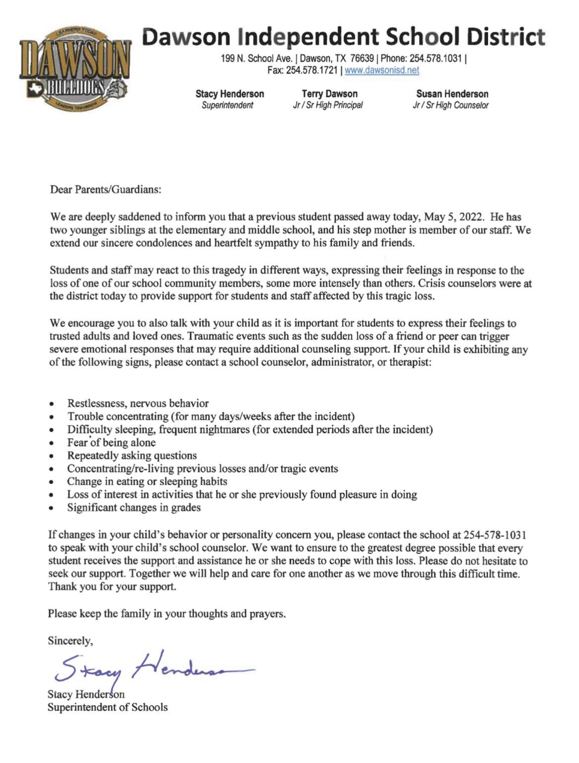 Letter to Parents and Community | Dawson Independent School District