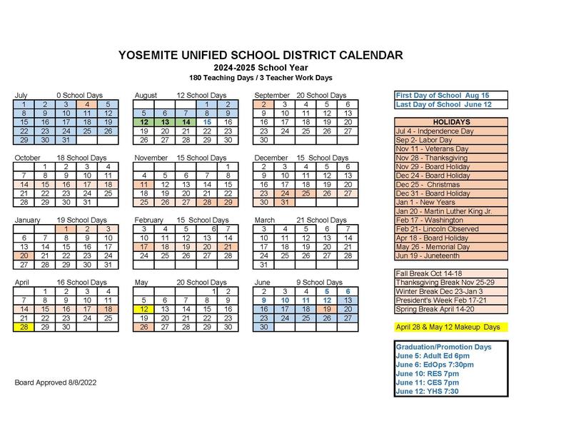 YHS School Days Calendar 2024-25 | Yosemite High School