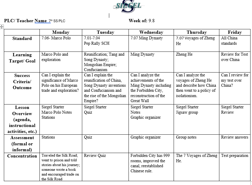 World History – Teressa Parker – Siegel Middle School