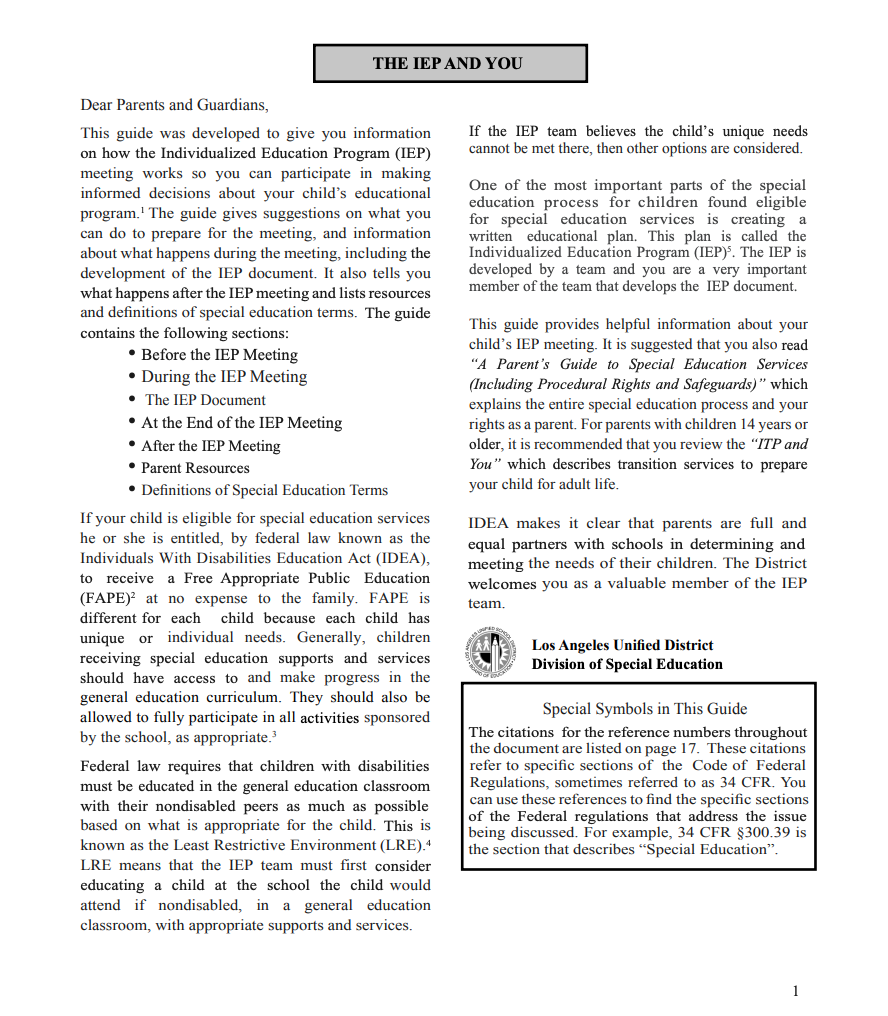 Special Education Brochure: IEP and You - Resources for Families ...