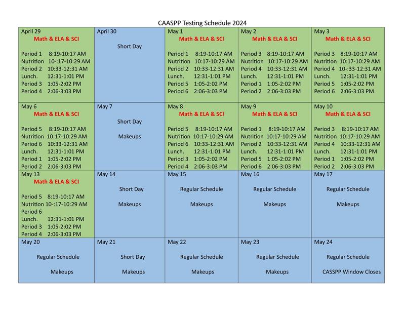 CAASPP Testing Schedule 2024 Belvedere Middle School CAASPP Testing Schedule 2024 Belvedere Middle School
