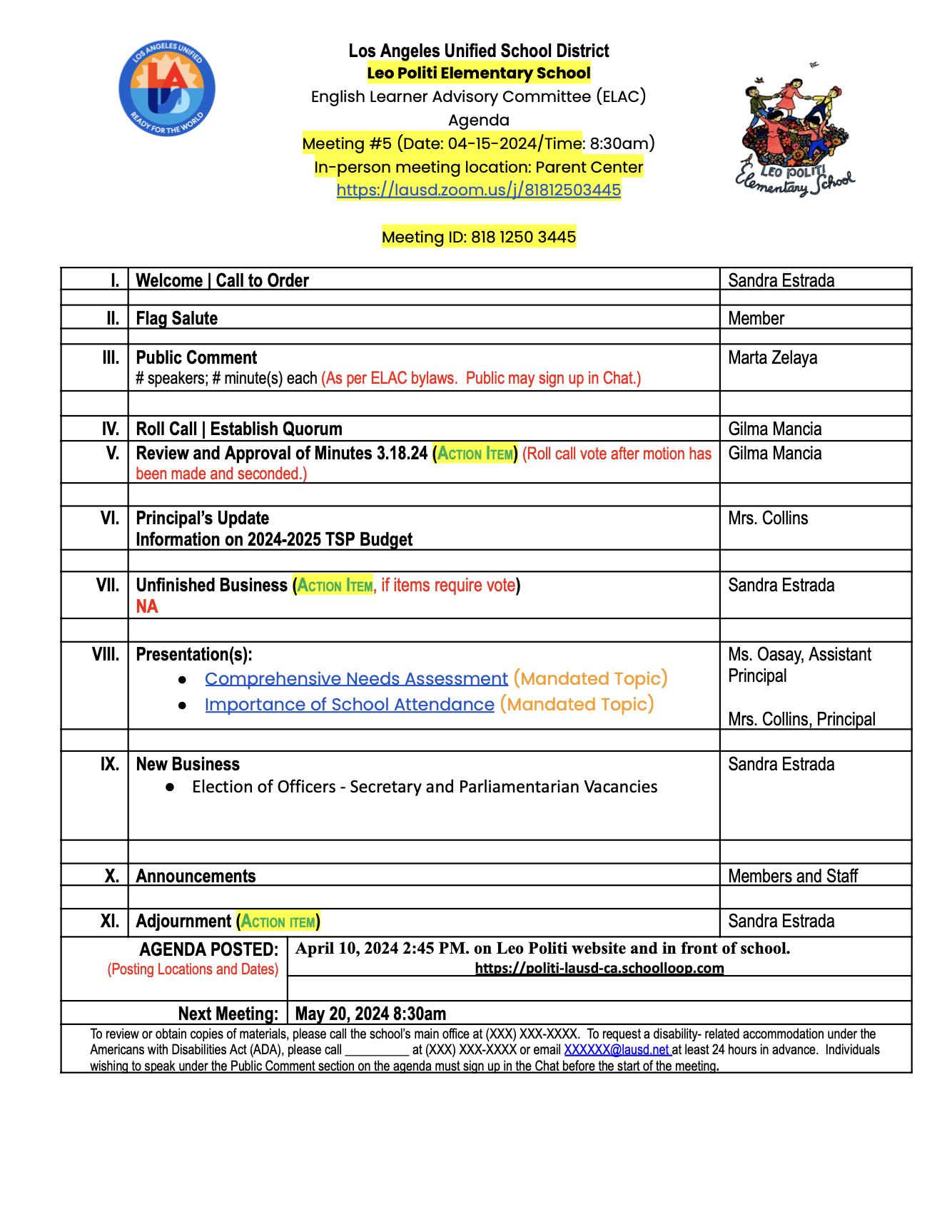 Committees – Parents – Leo Politi Elementary School
