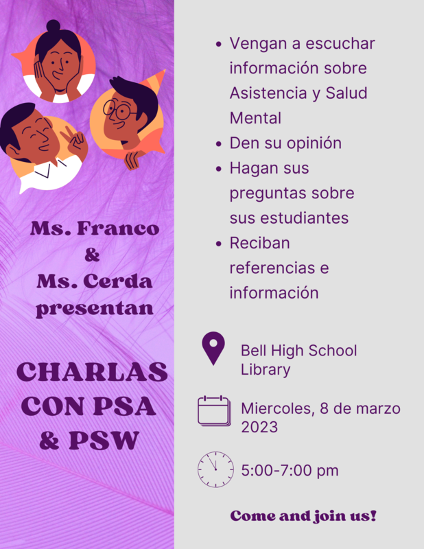 Charlas con la PSA y PSW (3.8.2023 @ 5 pm) | Bell High School