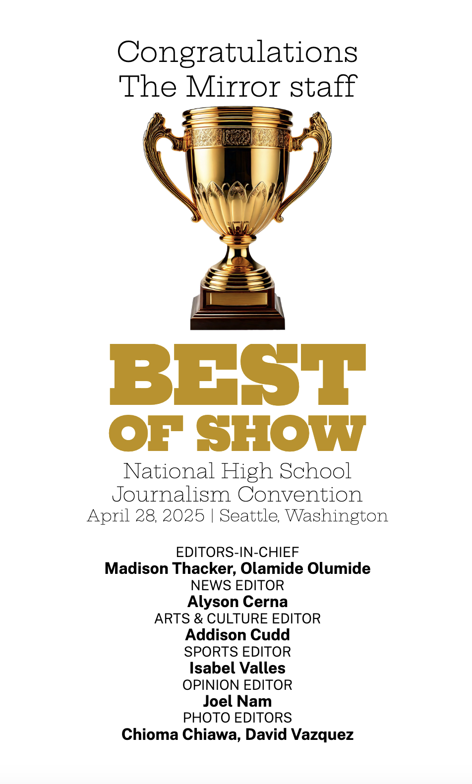 Congratulations to The Mirror Staff, VNHS is proud of you! | Van Nuys ...