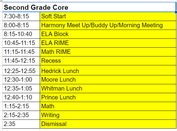 2nd Grade Schedules – Second Grade – Churchland Elementary School