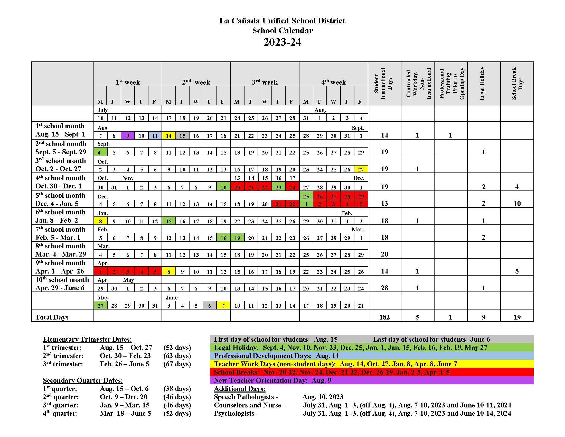 Instructional Days Calendars – Yearly Calendars – La Cañada Unified ...