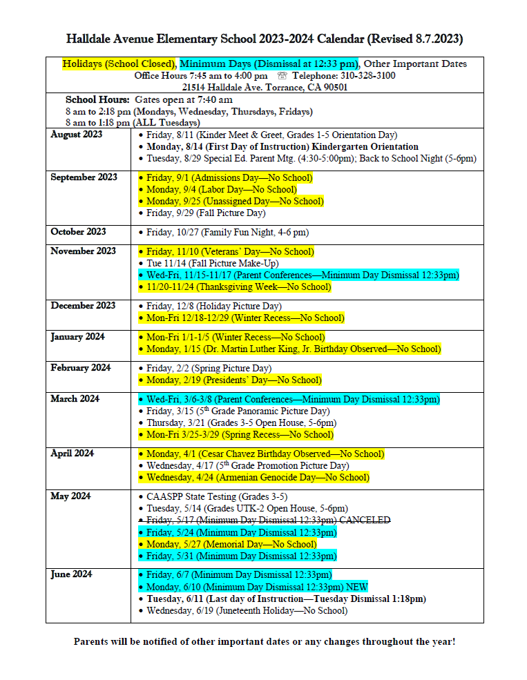 School Calendar – Calendar and Events – Halldale Elementary