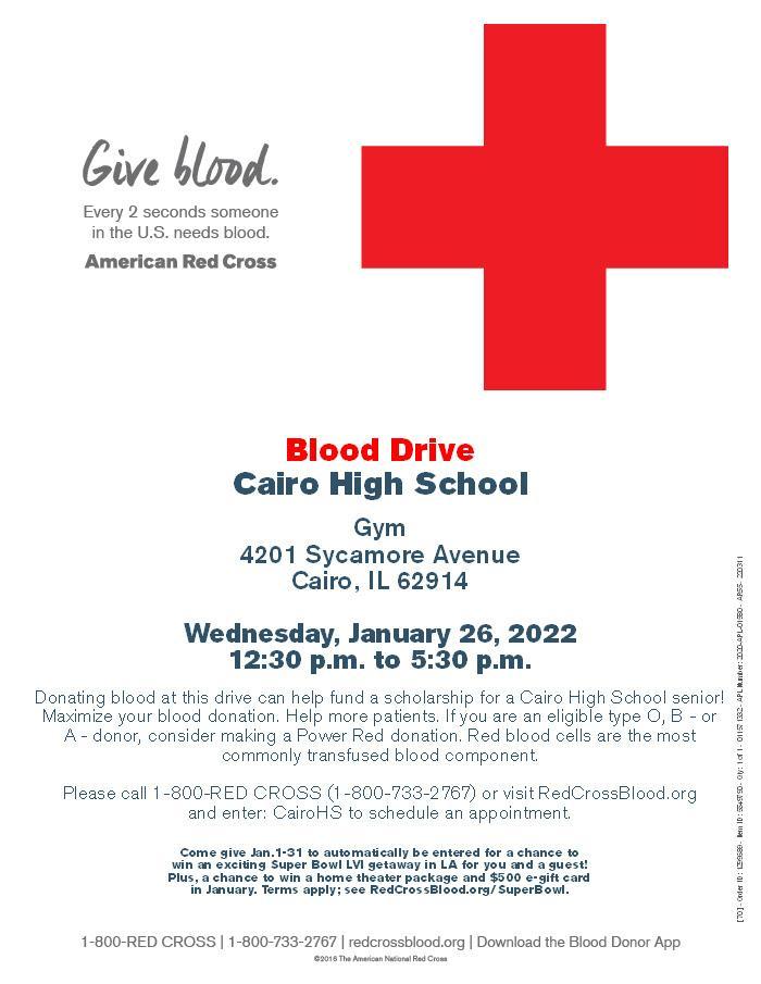 Blood Drive at Cairo High School on Wednesday, January 26, 2022. We ...