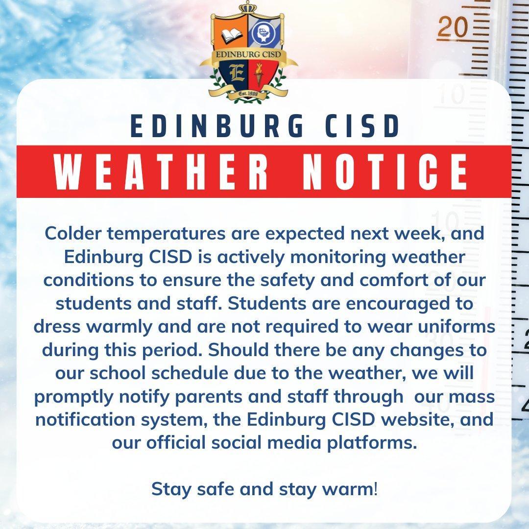 Edinburg CISD Cold Weather Update – Banner Files – Edinburg ...