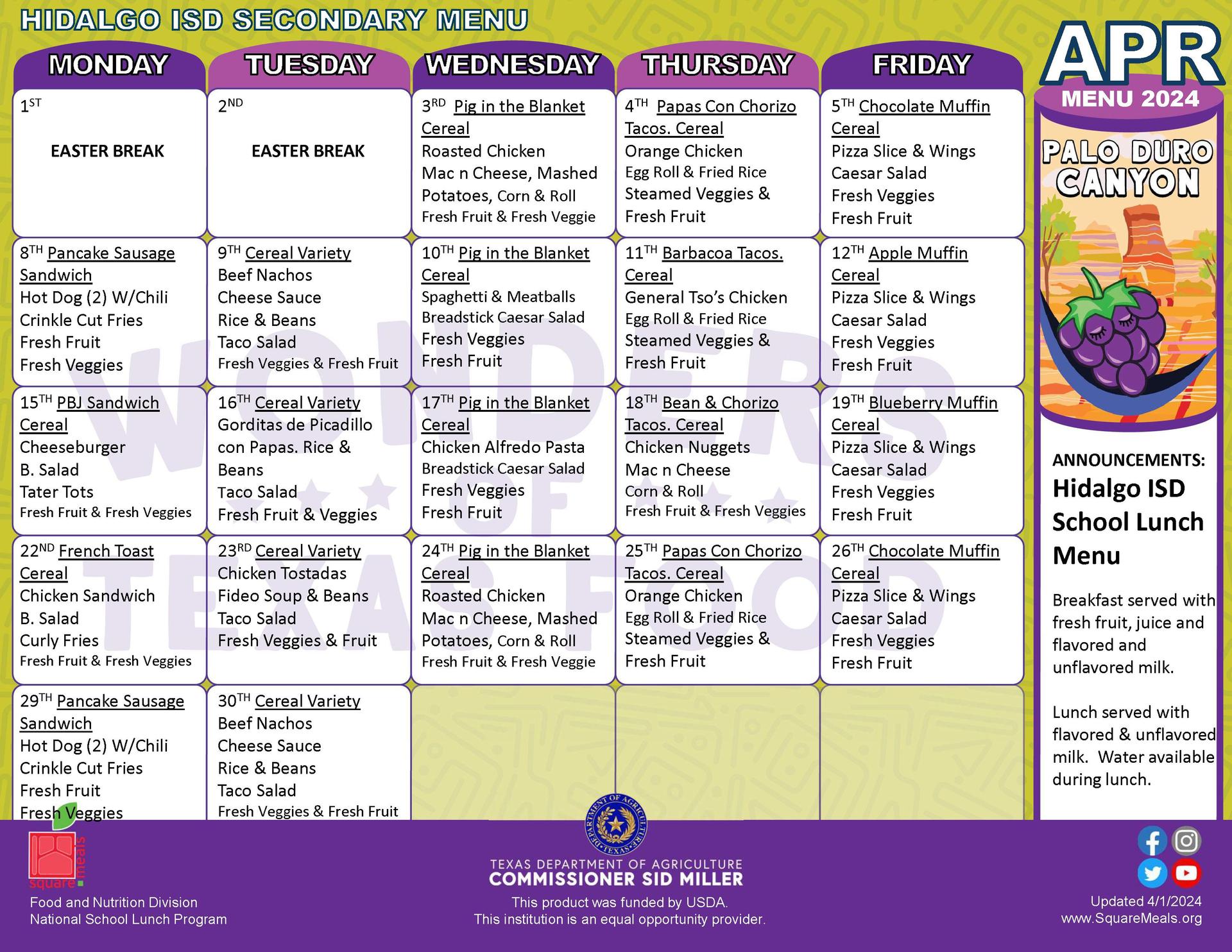 Menu – Child Nutrition – Hidalgo Independent School District