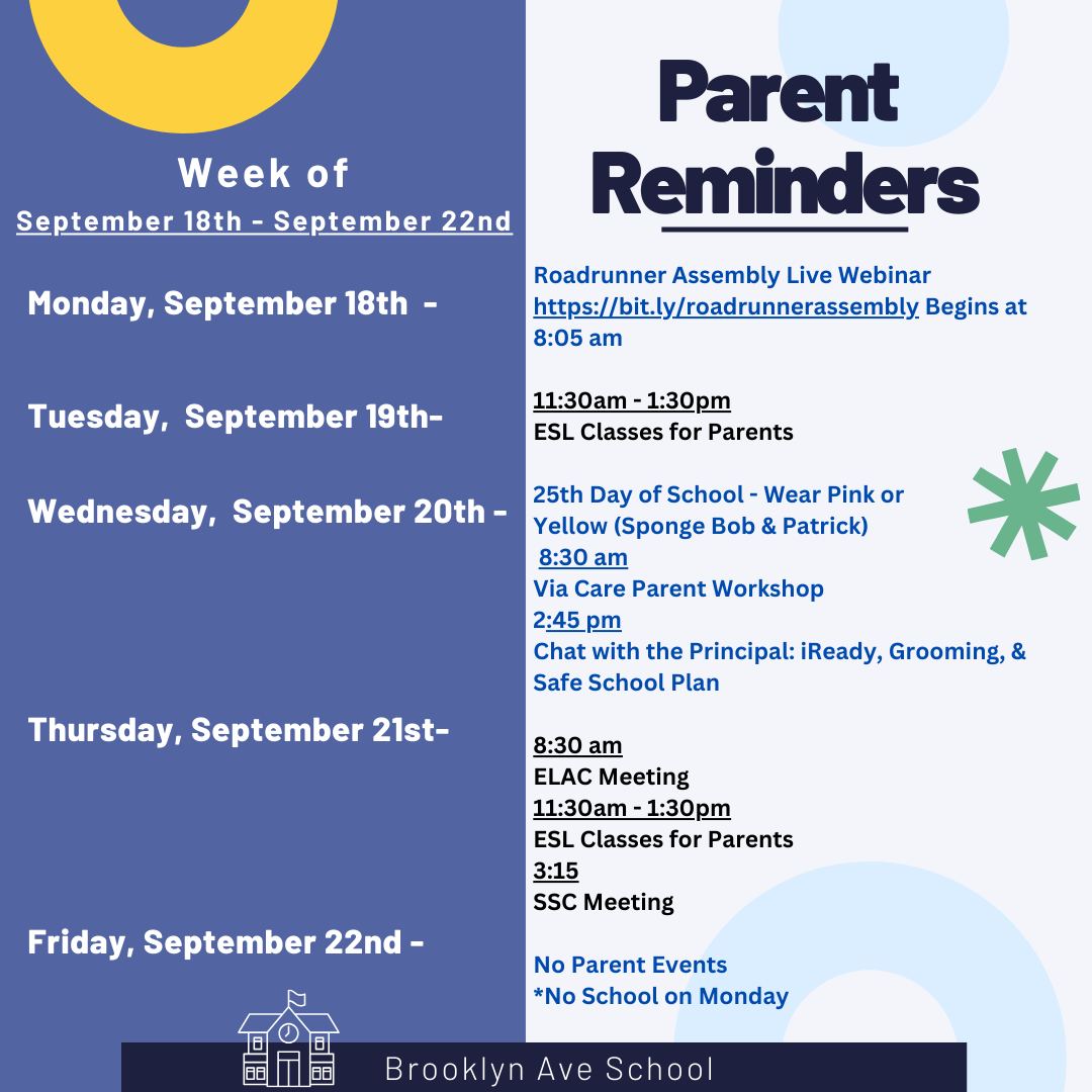Parent Reminders 9/18/23-9/22/23 | Brooklyn Avenue School