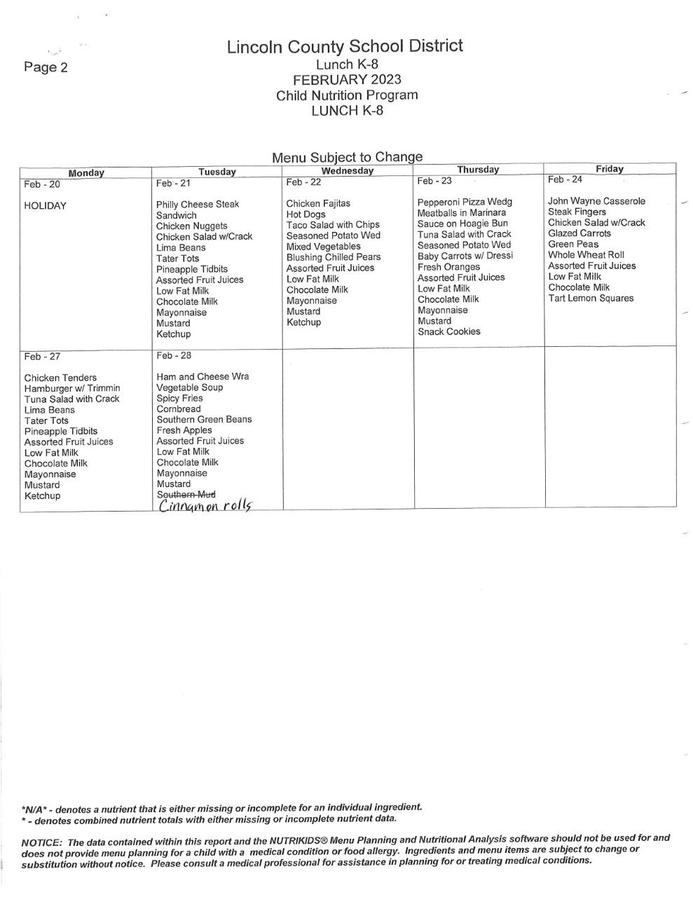Breakfast & Lunch Menus – Child Nutrition Program – Lincoln County ...