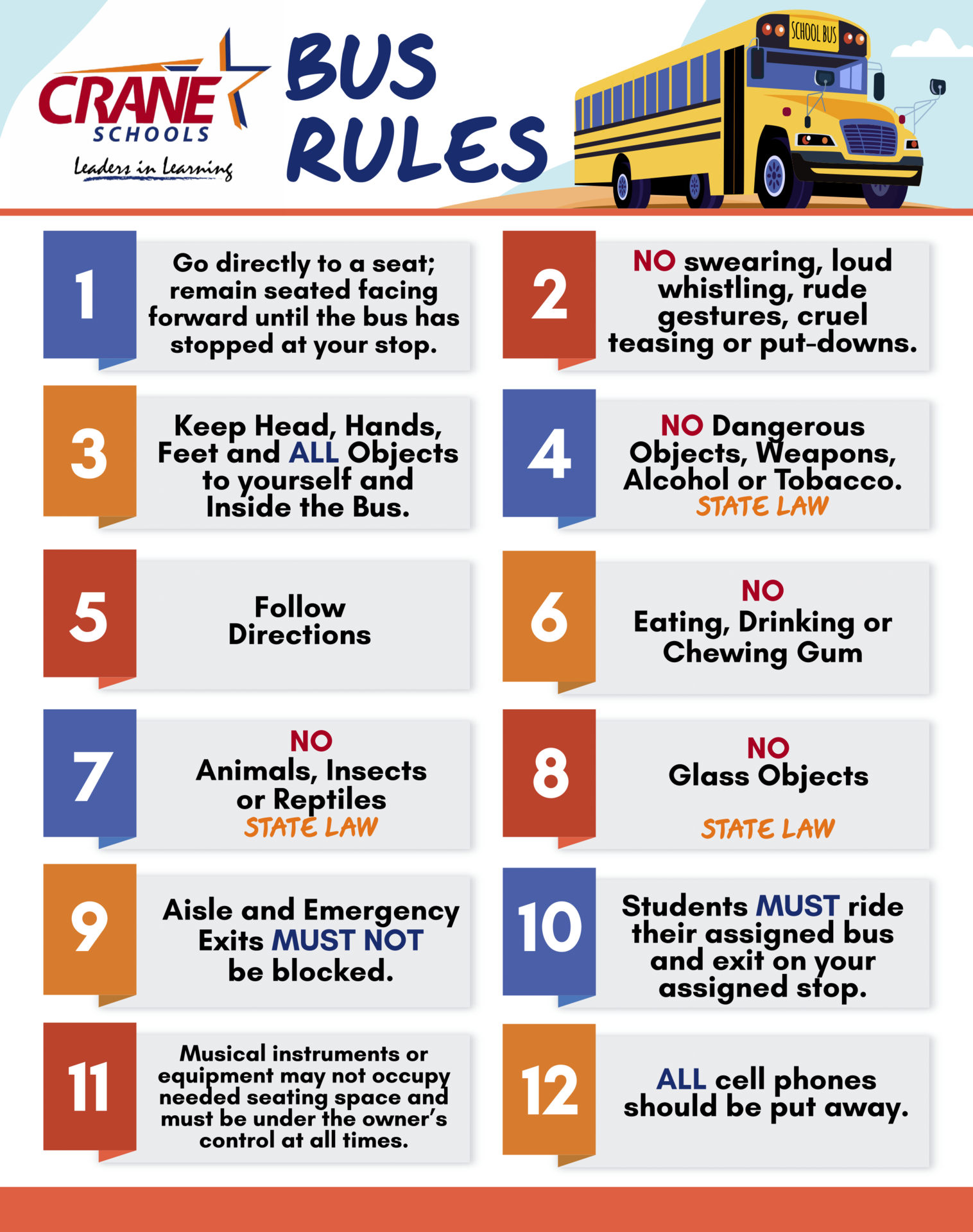 Bus Rules Safety Transportation Crane Elementary School District