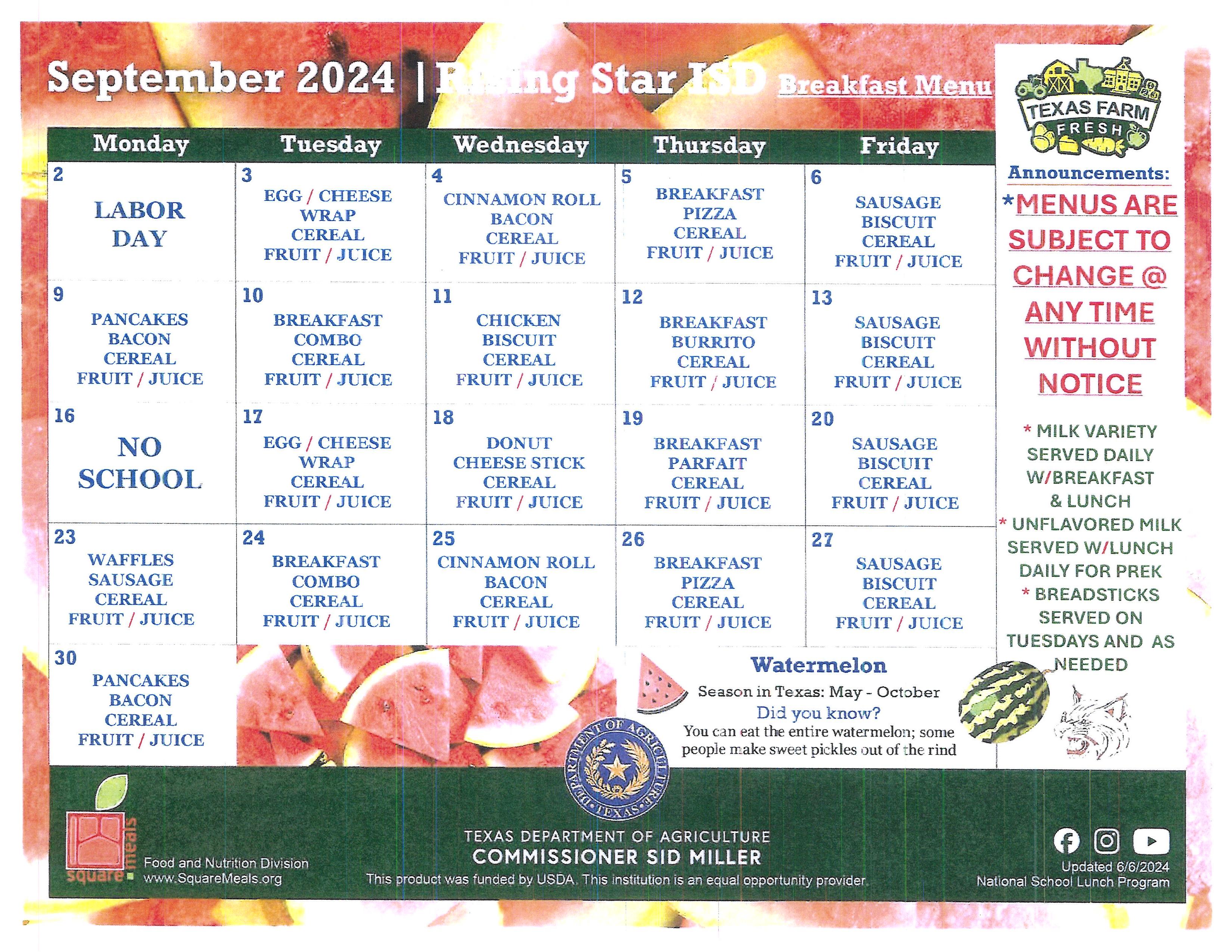 MENU - Nutrition - Rising Star ISD