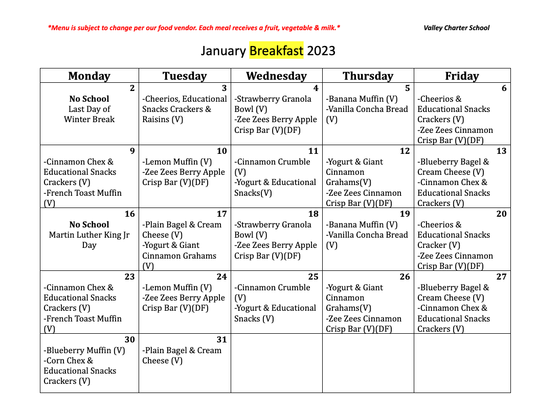 Breakfast and lunch menu - School Lunch - Valley Charter Schools