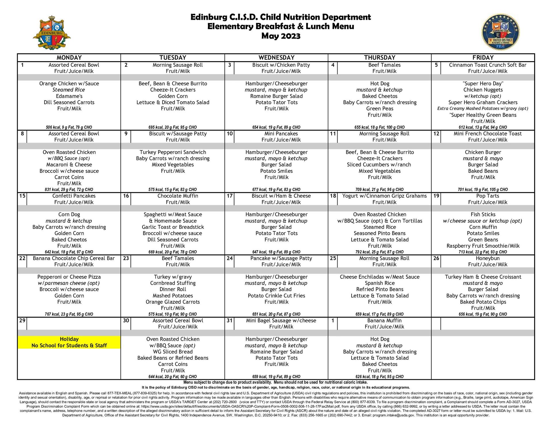 May Breakfast/Lunch Menu – Parents – Travis Elementary