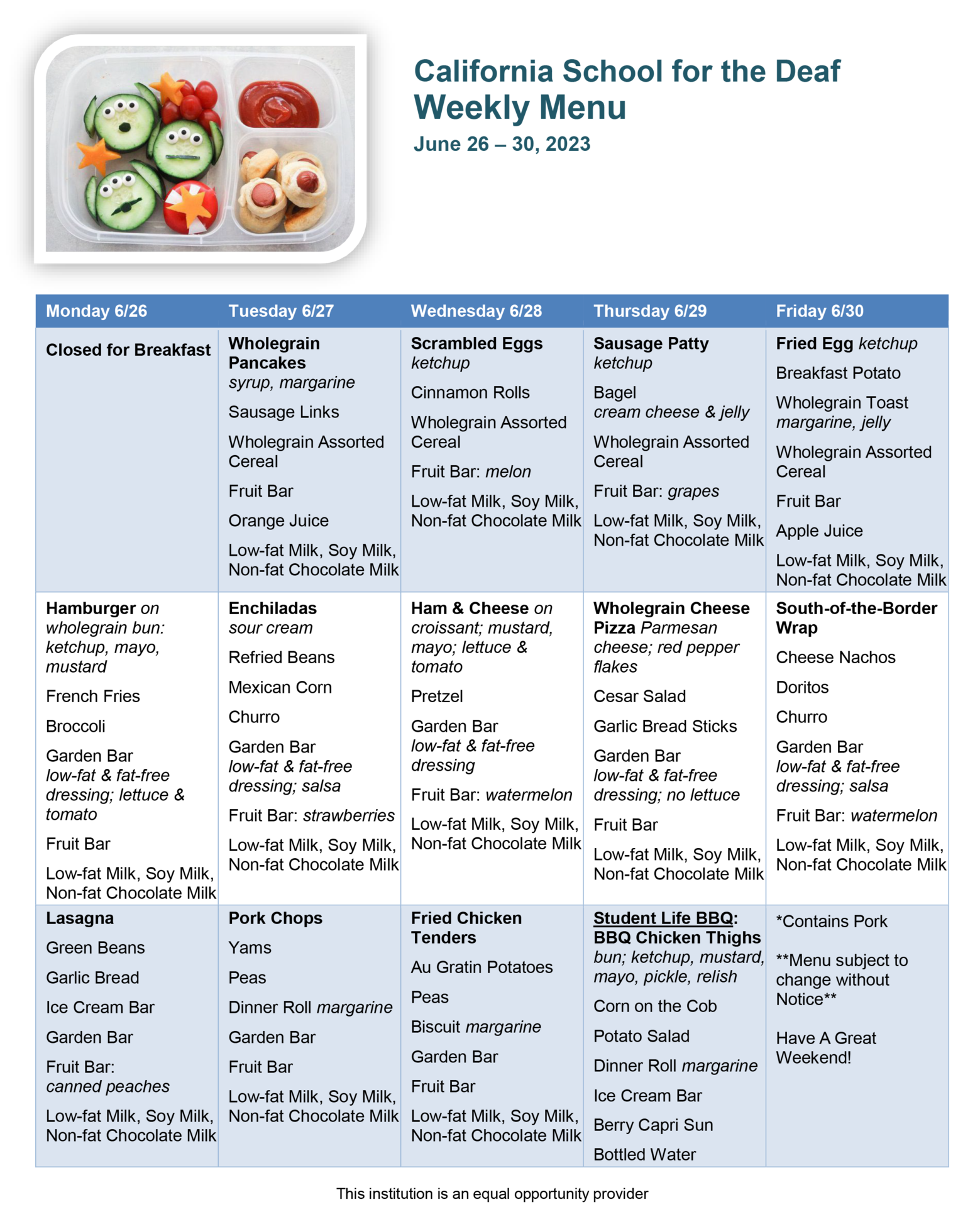 Menus - Miscellaneous - California School for the Deaf