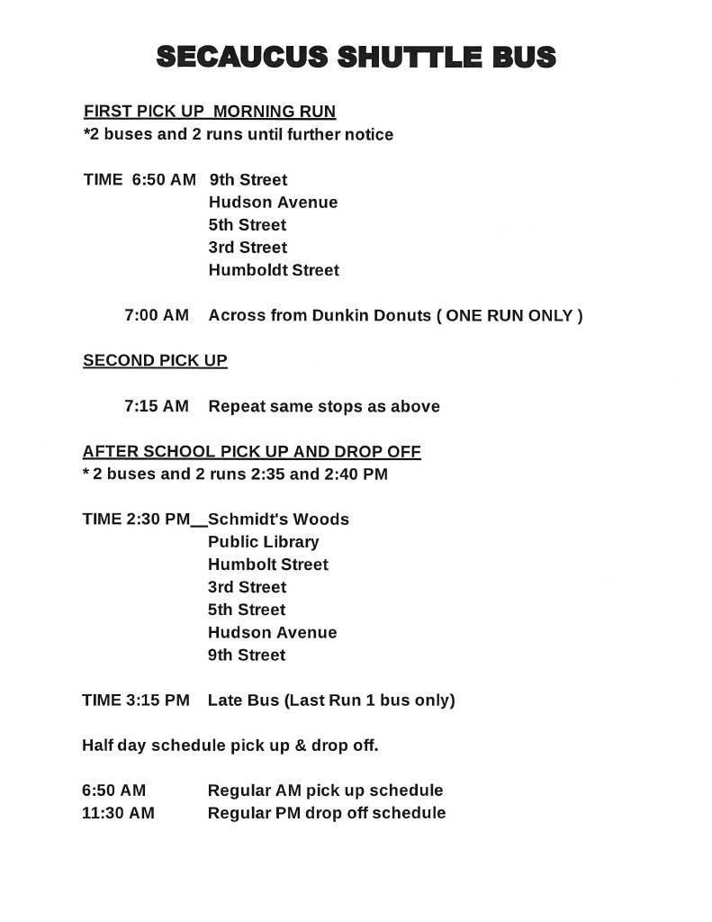 Shuttle Bus Schedule Student Information Secaucus Middle School Shuttle Bus Schedule Student Information Secaucus Middle School