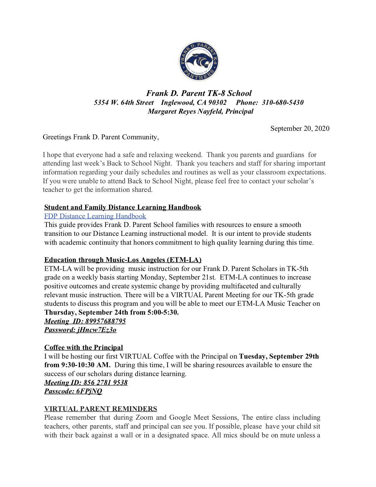 9/20/2020 FDP Weekly Update | Frank D. Parent Elementary School