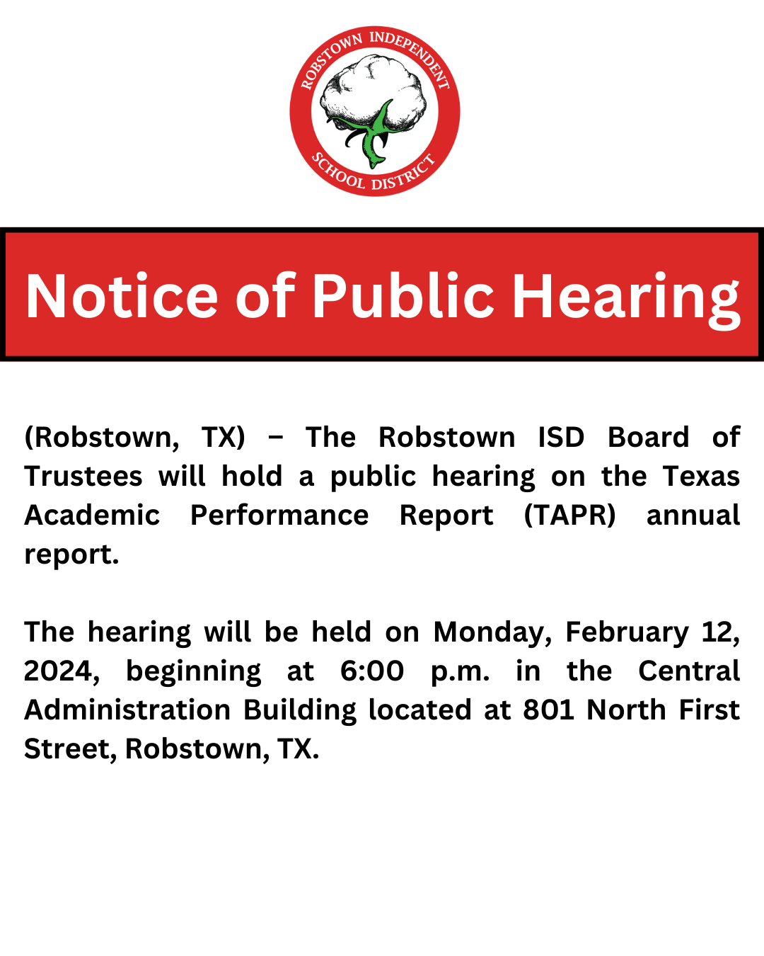 Notice of Public Hearing | Robstown Independent School District