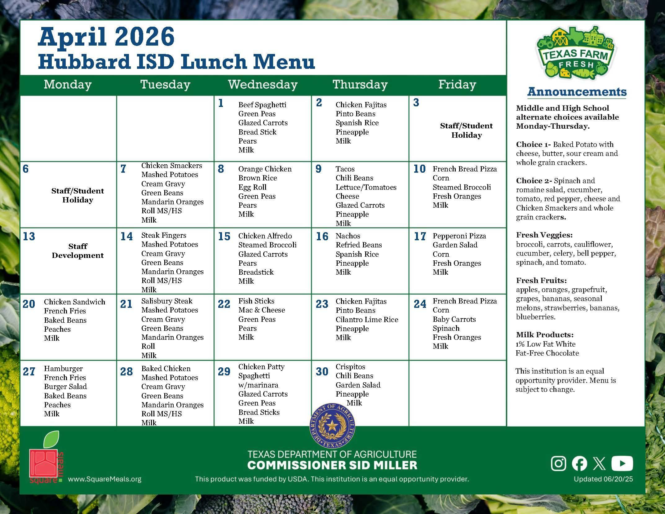 Cafeteria Menus – Food Services – Hubbard ISD (region 12)