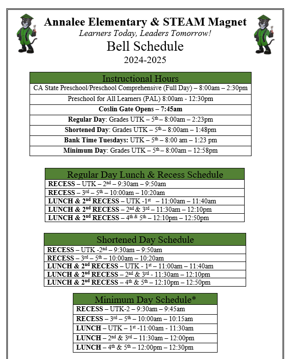Daily Schedule – Our School – Annalee Avenue Elementary