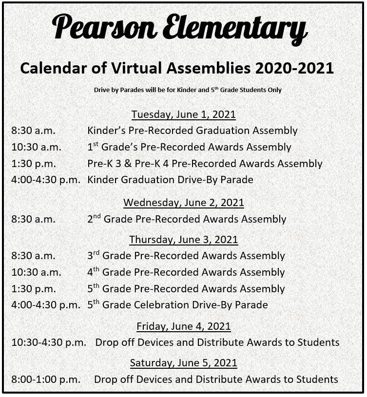 Calendar of Virtual Assemblies 2020-2021 | Pearson Elementary School