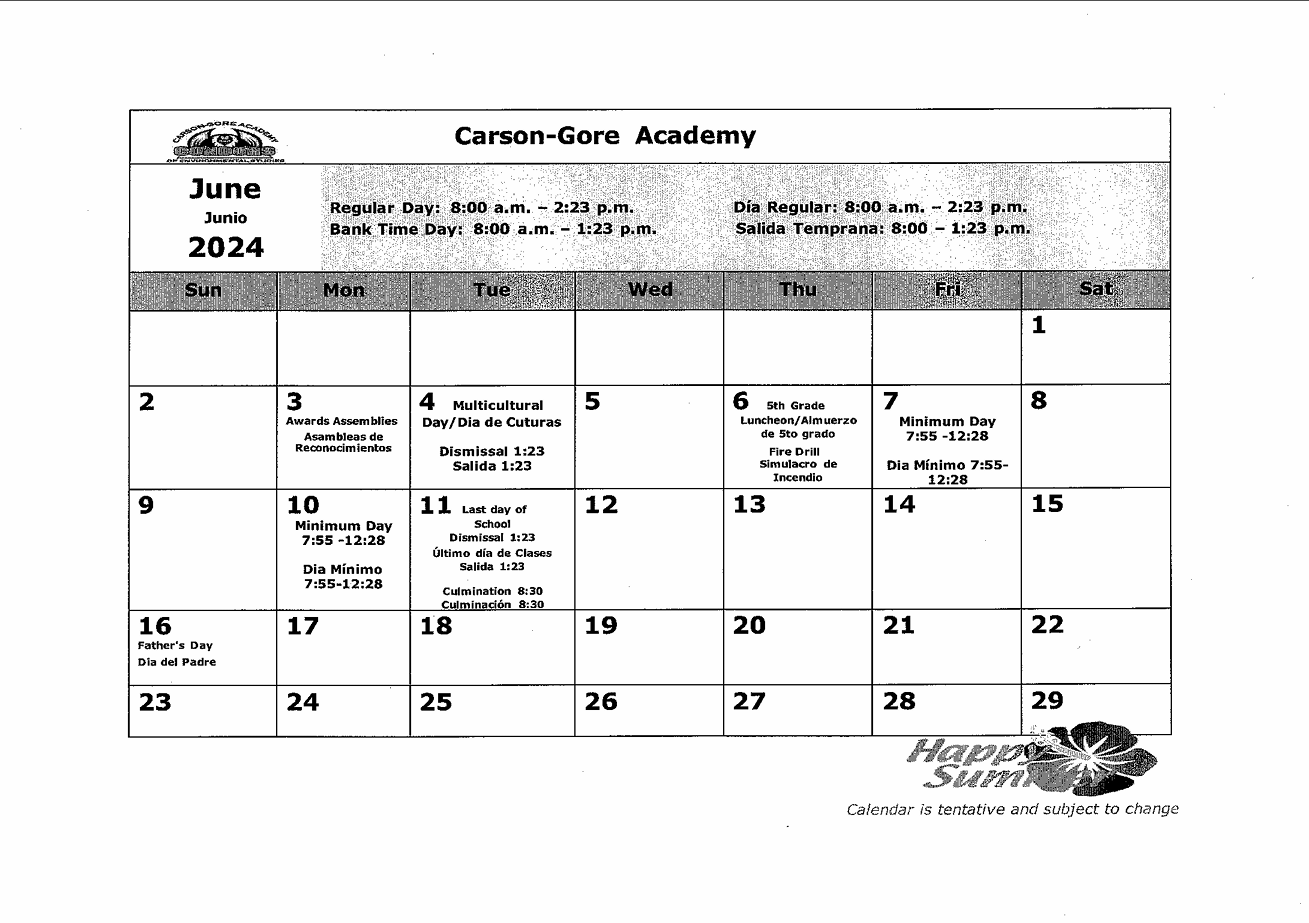 Calendar's/Schedule – Our School – Carson-Gore Academy of Environmental ...