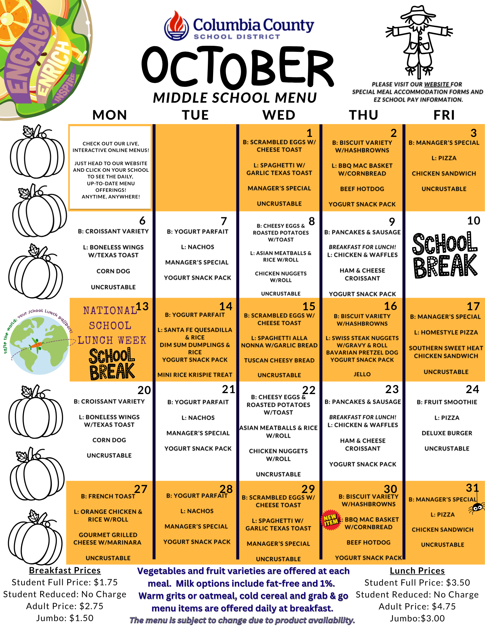 Menus – School Nutrition – Columbia County Schools