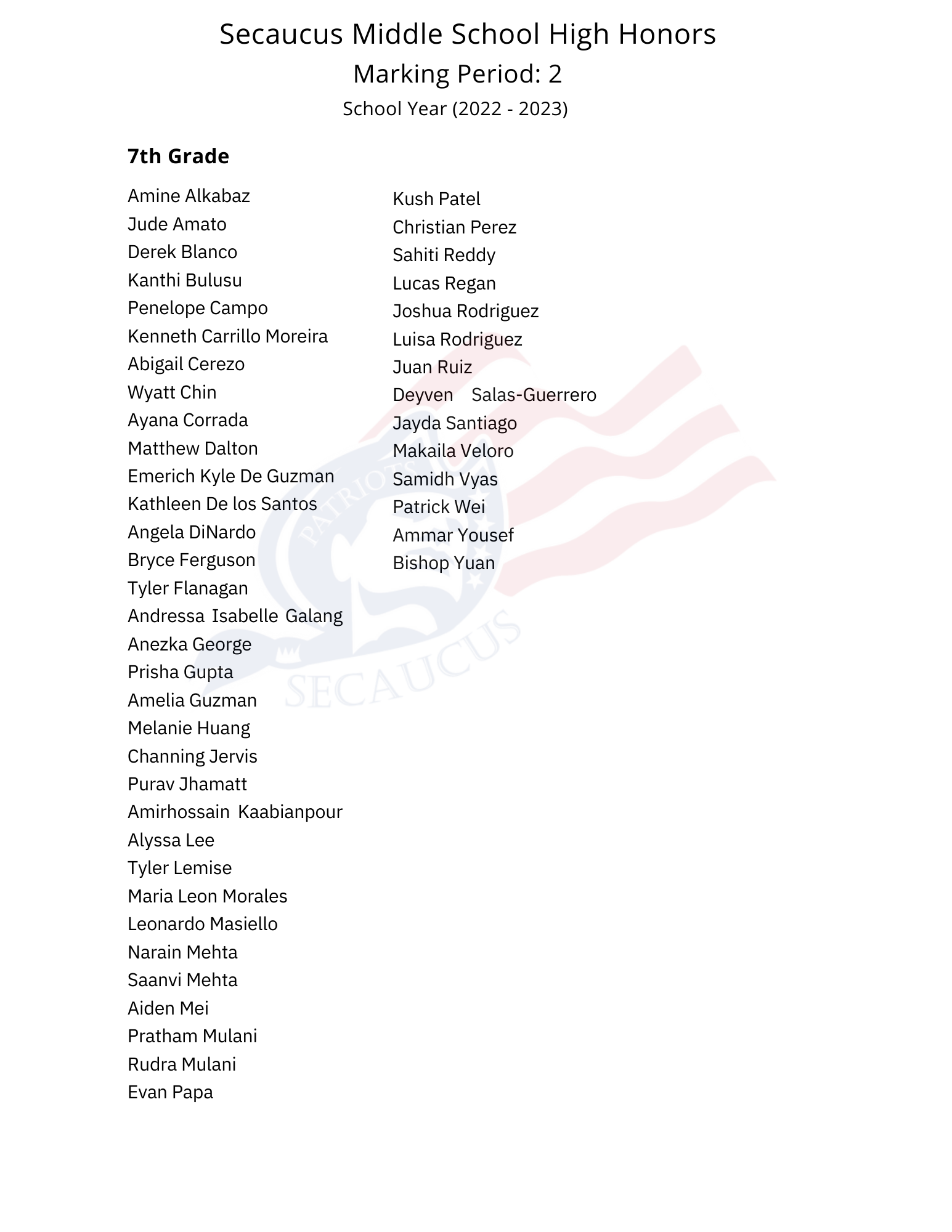 SMS 2023 MP2: High Honor Roll | Secaucus Middle School