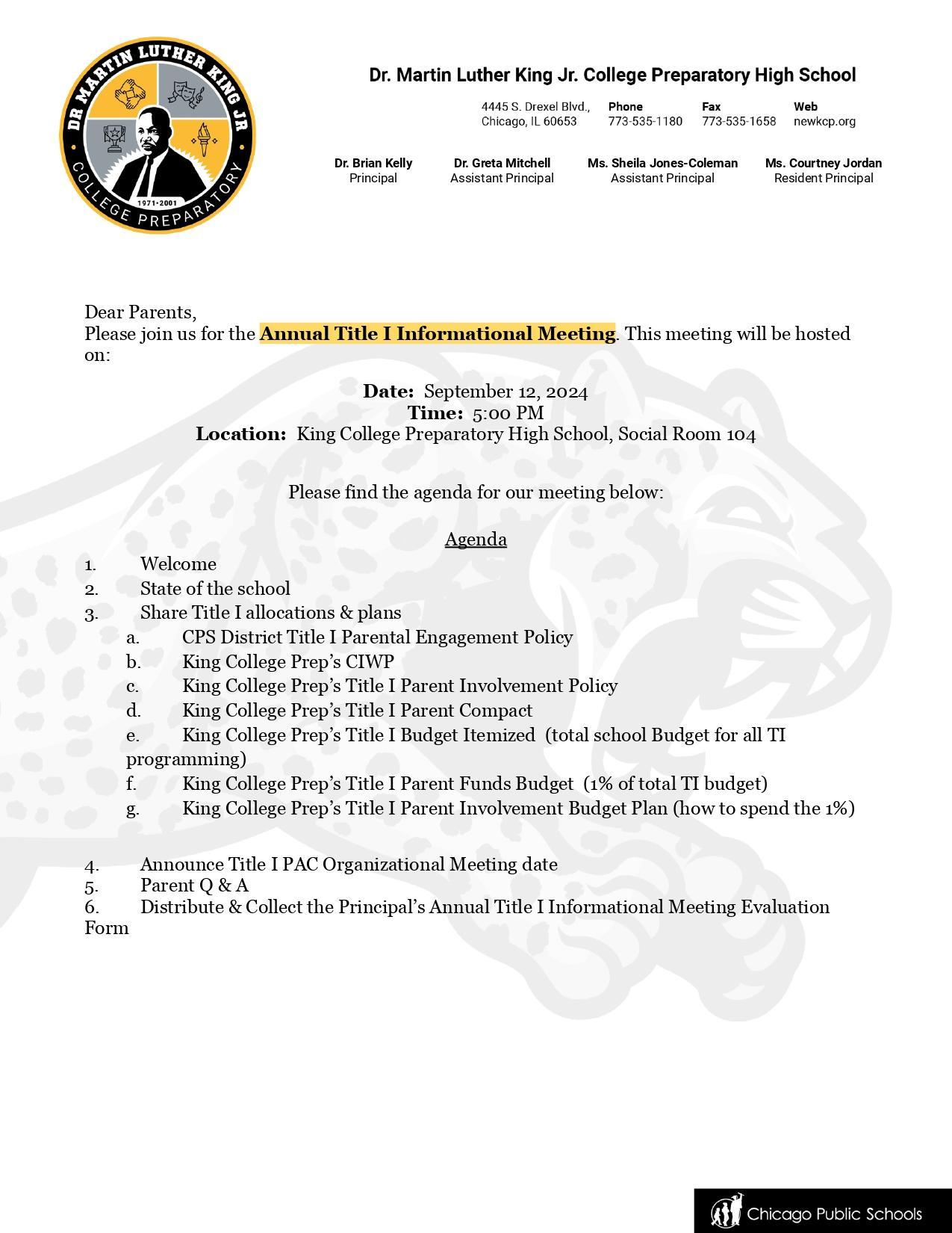 Annual Title I Informational Meeting | Dr. Martin Luther King Jr ...