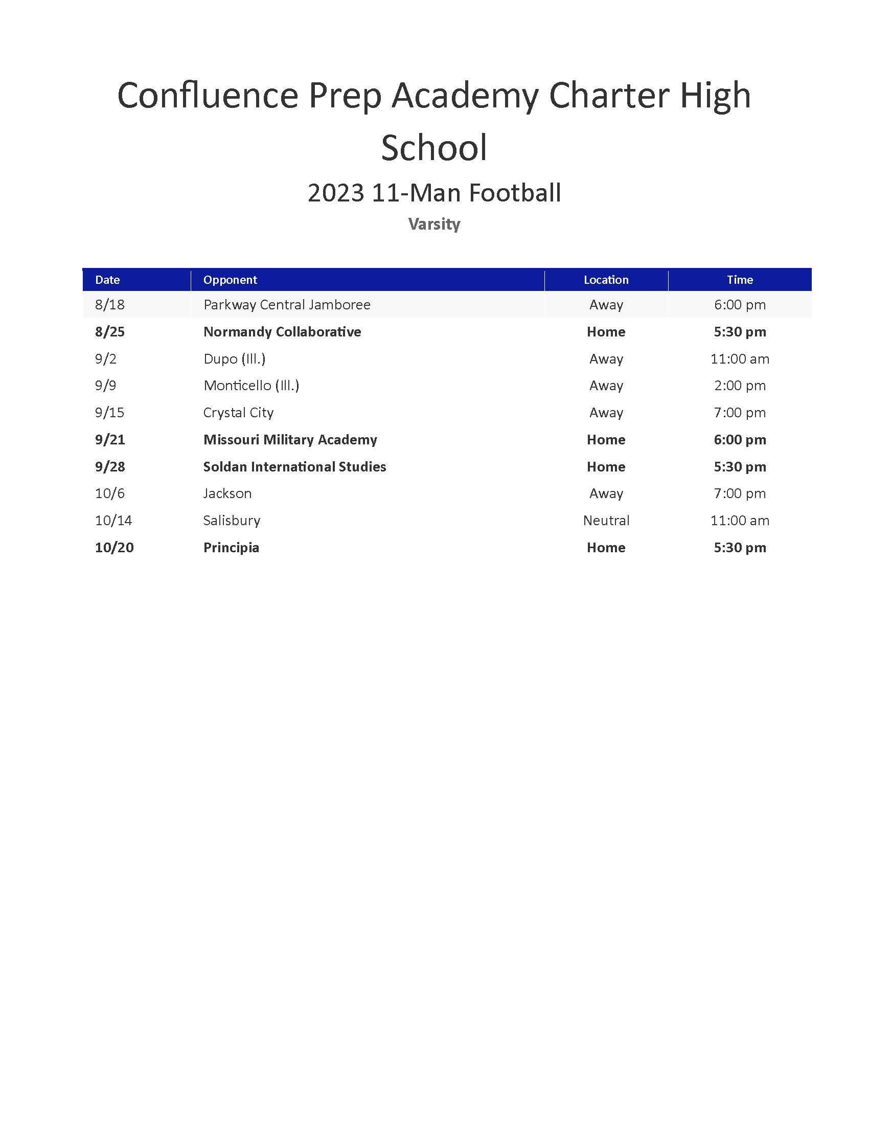 Schedule - Football - Confluence Preparatory Academy