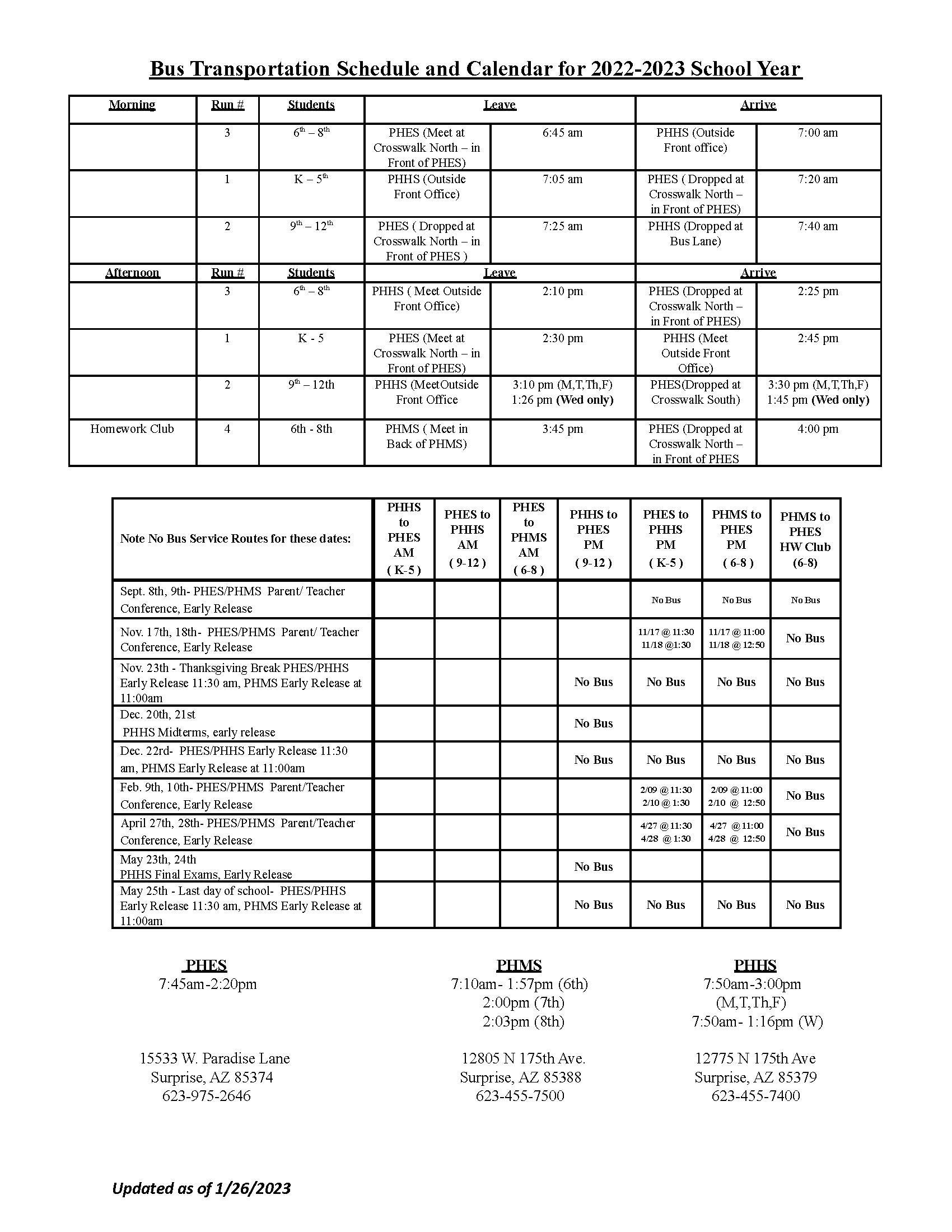 Updated 2022 2023 Bus Schedule Paradise Honors Elementary School
