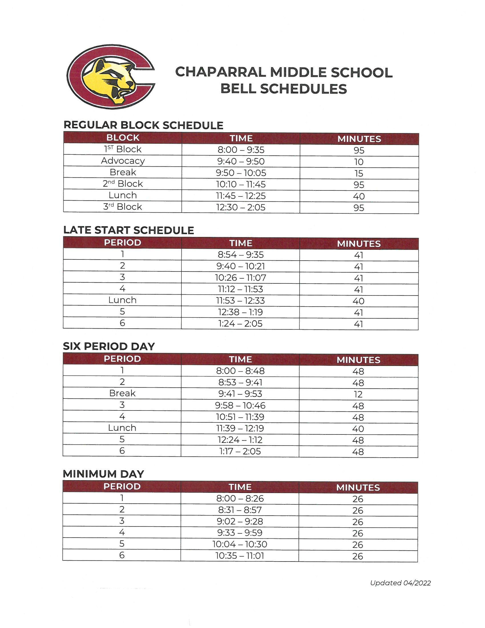 Bell Schedule – Staff – Chaparral Middle School