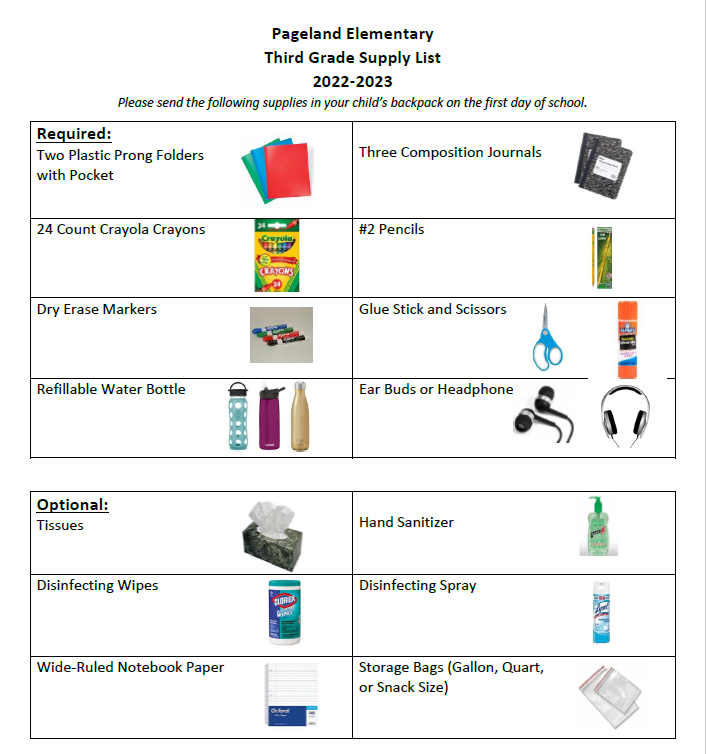 2022 2023 3rd Grade School Supply List Pageland Elementary School 2022 2023 3rd Grade School Supply List Pageland Elementary School