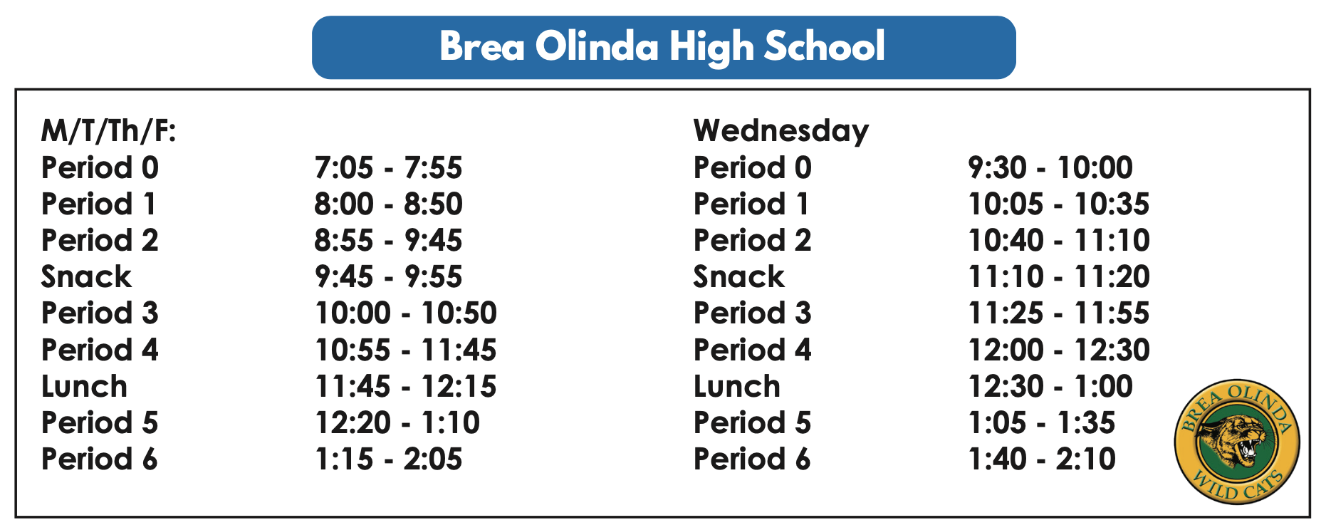 Bell Schedules Our School And Athletics Brea Olinda High School