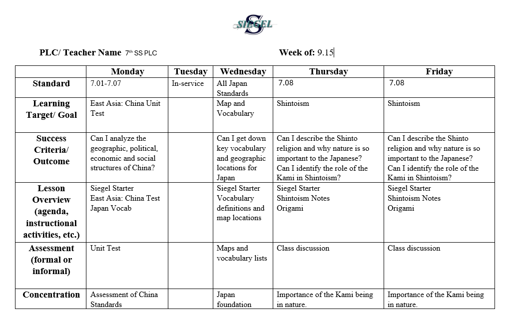 World History – Teressa Parker – Siegel Middle School