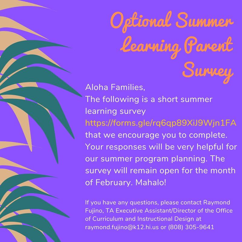 Optional Summer Learning Parent Survey Solomon Elementary School Optional Summer Learning Parent Survey Solomon Elementary School
