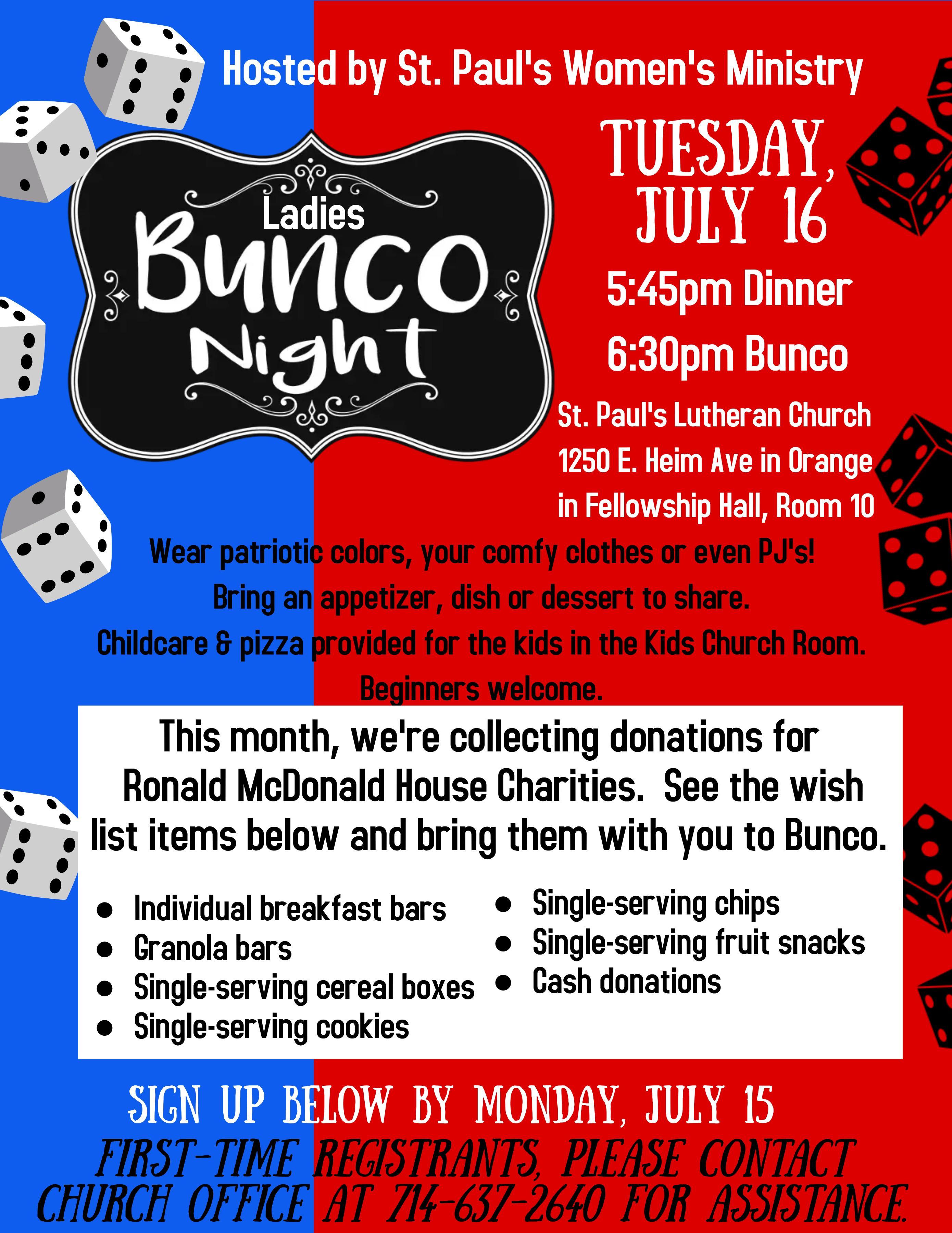 July Bunco – Women's Ministry – St. Paul's Lutheran Church