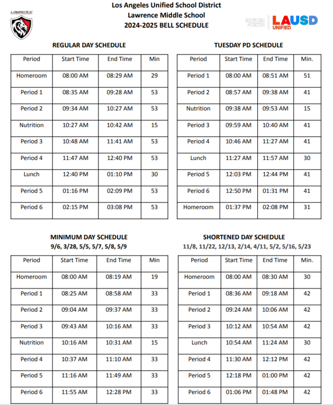 NEW BELL SCHEDULE! | Lawrence Middle School