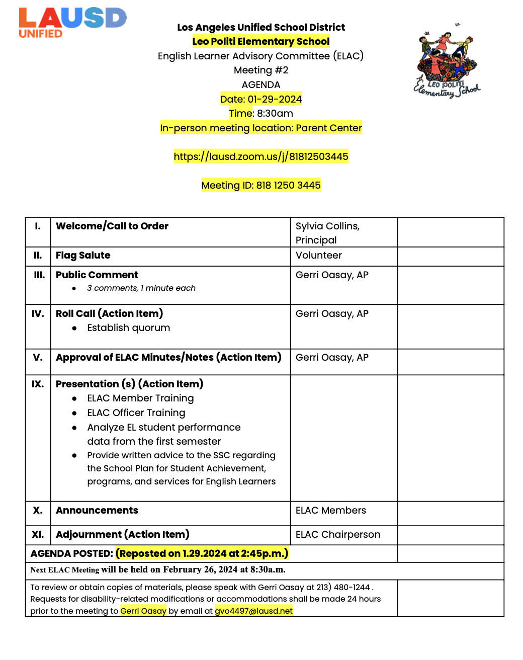 Committees – Parents – Leo Politi Elementary School