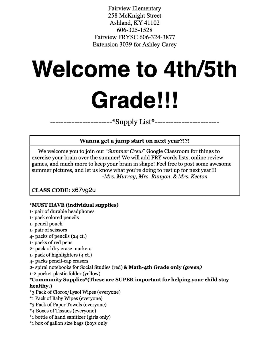 Fourth and Fifth Grade School Supply List – School Supplies – Fairview ...