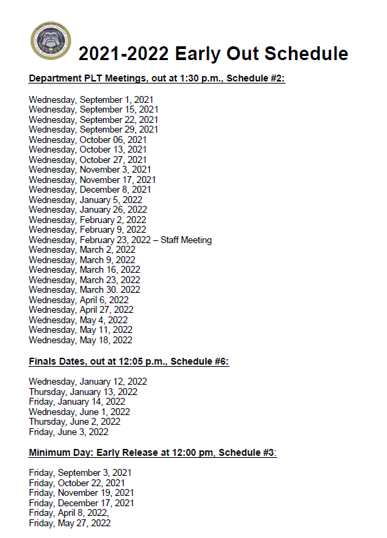 GVHS Early Out Schedule (2021-2022) - Early Out Schedule - Golden ...